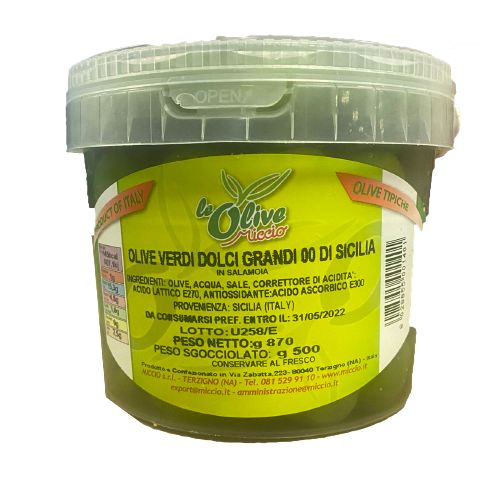 MICCIO OLIVES GREEN SWEETS BIG 00 SICILIA IN BRINE 500 GR (9 in a box ...